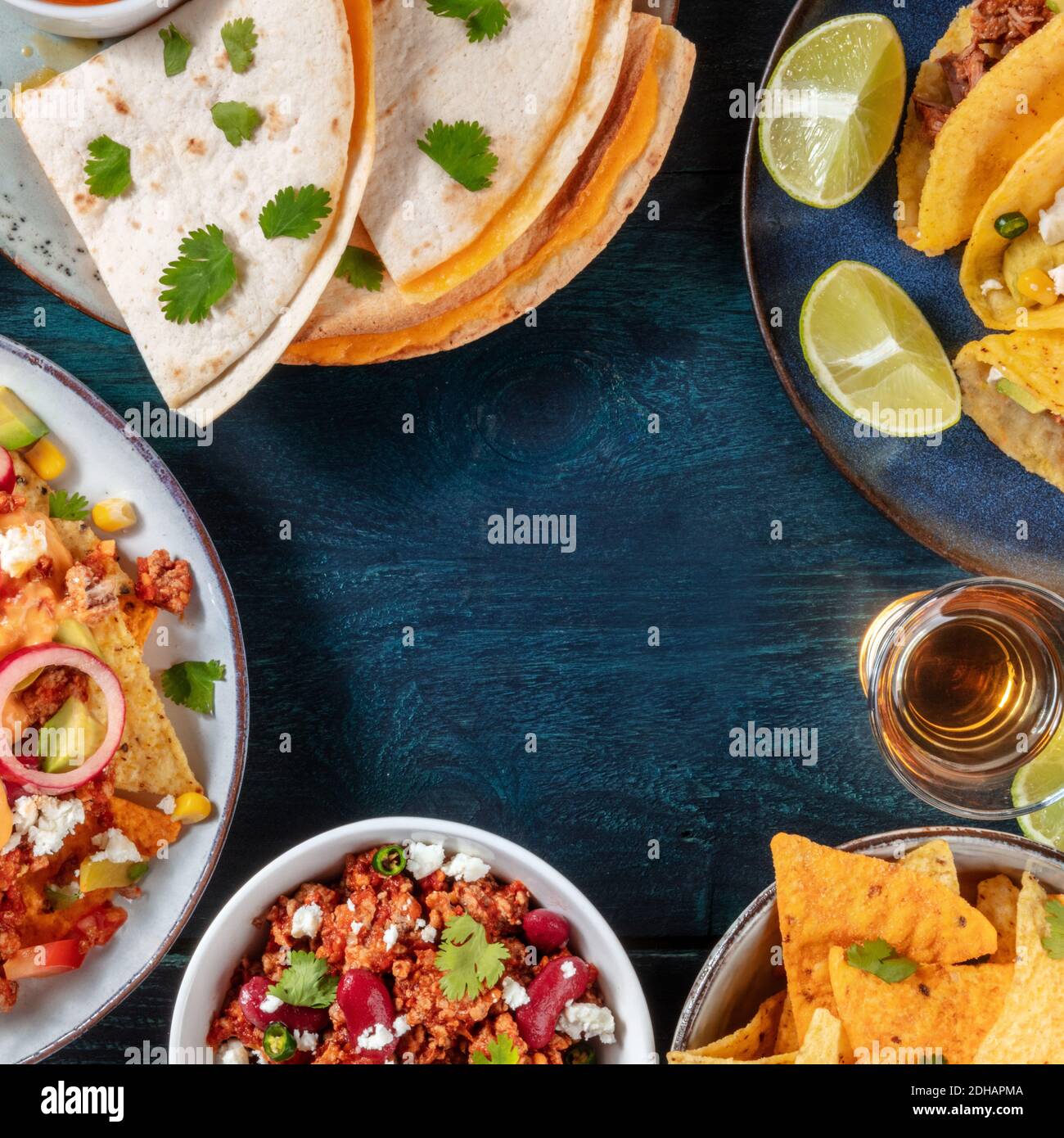 Mexican food square frame. Many various dishes, shot from the top with ...