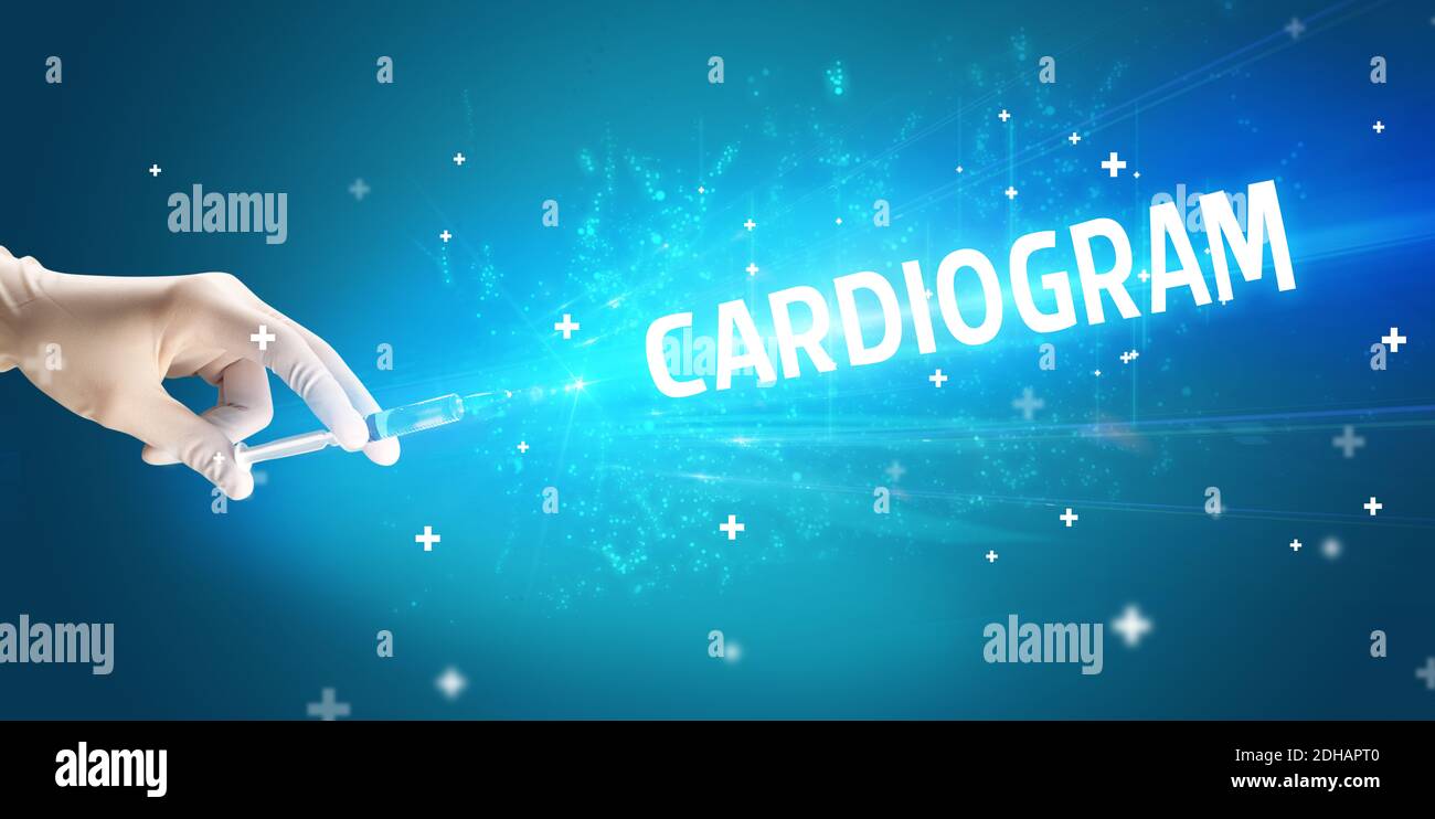 Syringe, medical injection in hand with CARDIOGRAM inscription, medical ...
