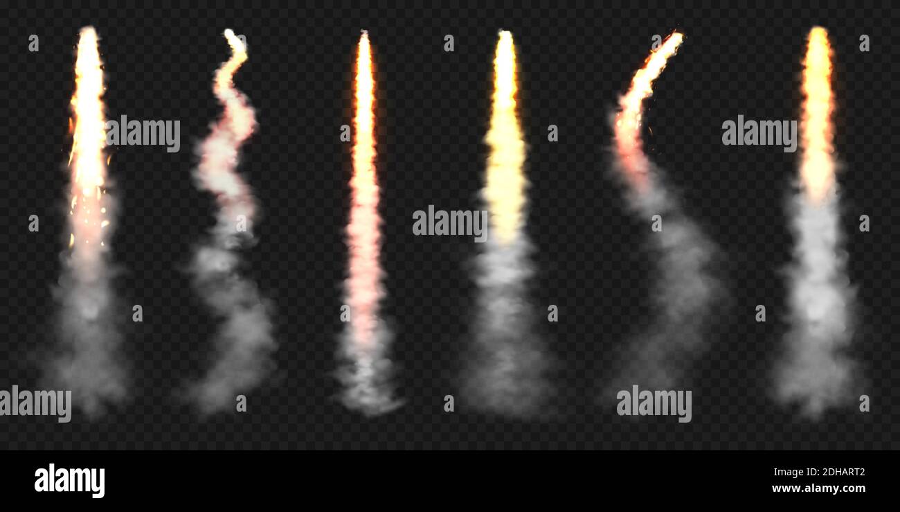 Realistic space rocket launch trails. Fire burst, explosion. Missile or ...