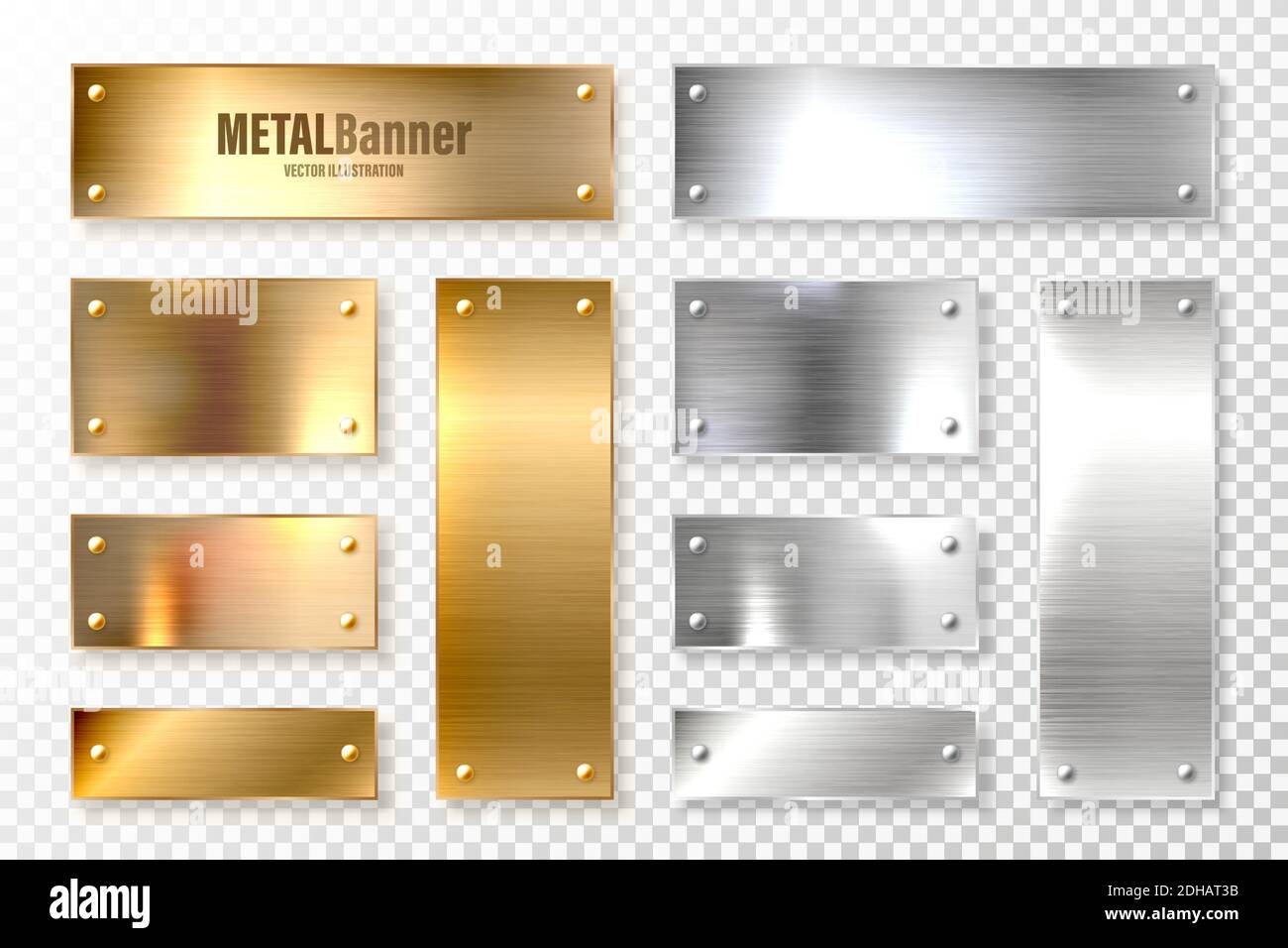 Realistic shiny metal banners set. Brushed steel and copper plate ...