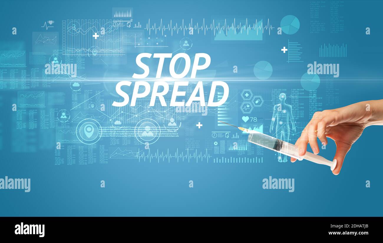 Syringe needle with virus vaccine and STOP SPREAD inscription, antidote concept Stock Photo - Alamy