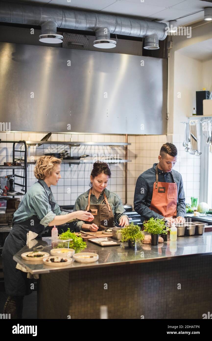 Chefs preparing food on counter in kitchen at restaurant Stock Photo ...