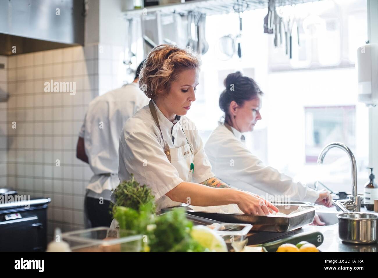 Female chefs preparing food on counter by colleagues in kitchen at ...