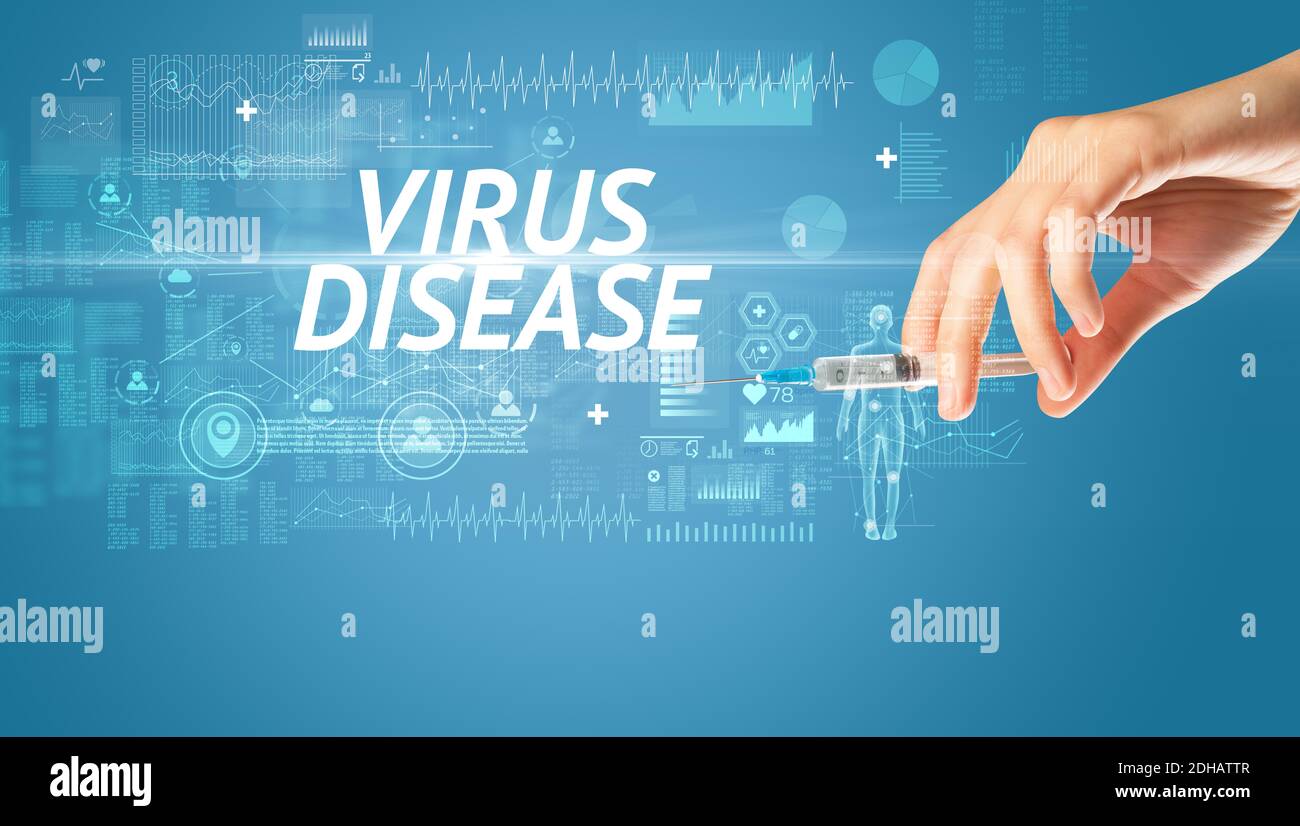 Syringe needle with virus vaccine and VIRUS DISEASE inscription, antidote concept Stock Photo ...