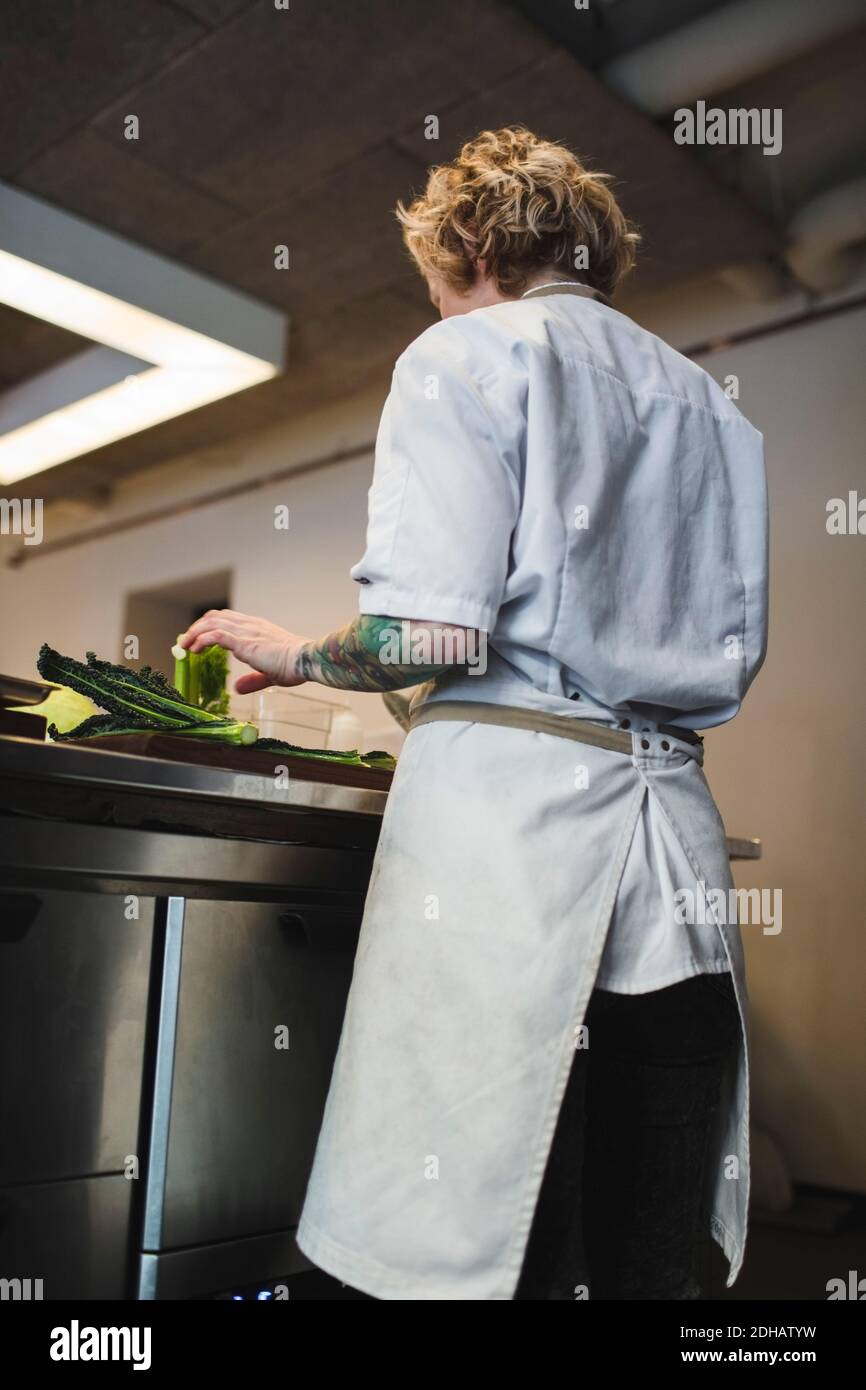 Rear view of female chef preparing kale at counter in kitchen Stock ...