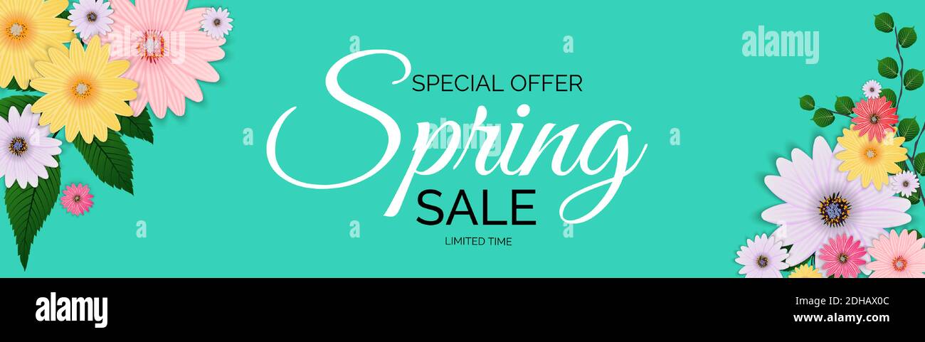 Promotion offer, card for spring sale season with spring plants, leaves ...