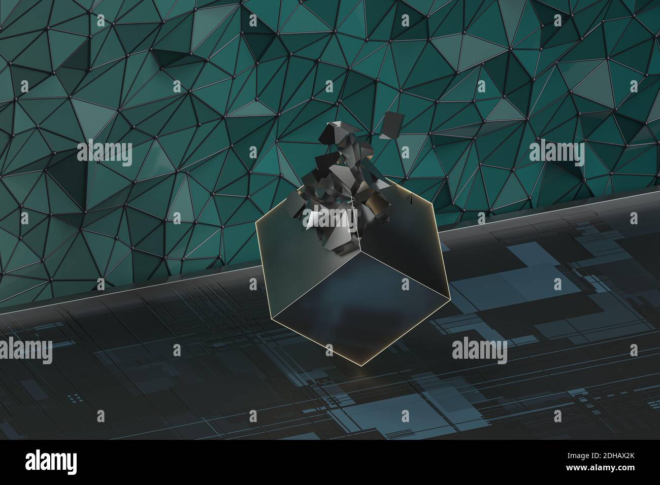 Cracked metal cube with grid pattern background, 3d rendering. Computer ...