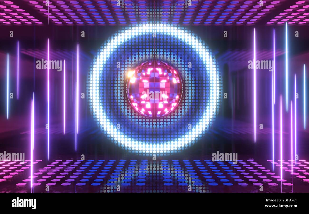 Shiny disco ball with neon light background, 3d rendering. Computer ...
