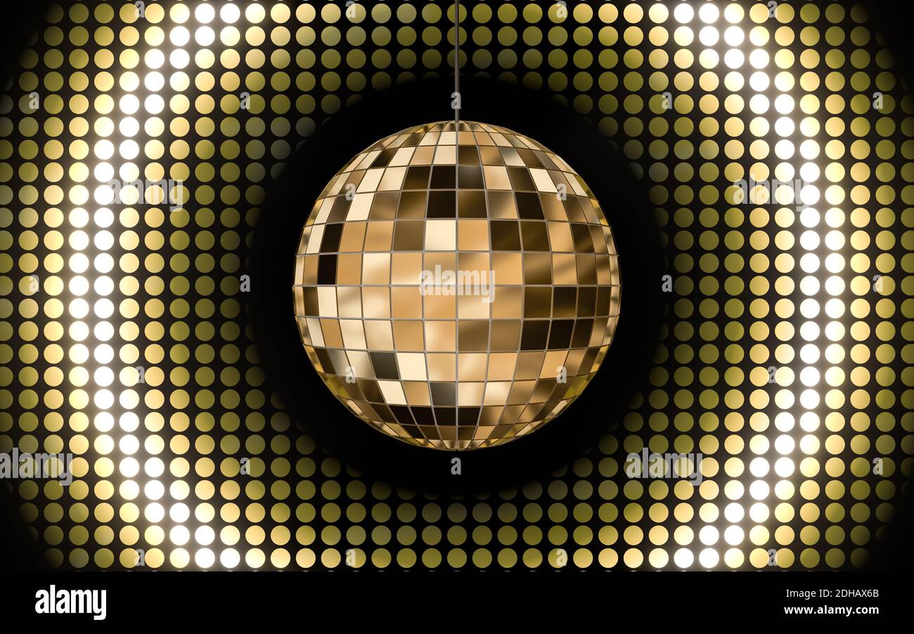 Shiny disco ball with golden light background, 3d rendering. Computer ...