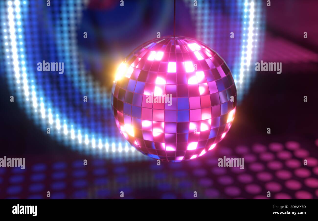 Shiny disco ball with neon light background, 3d rendering. Computer ...