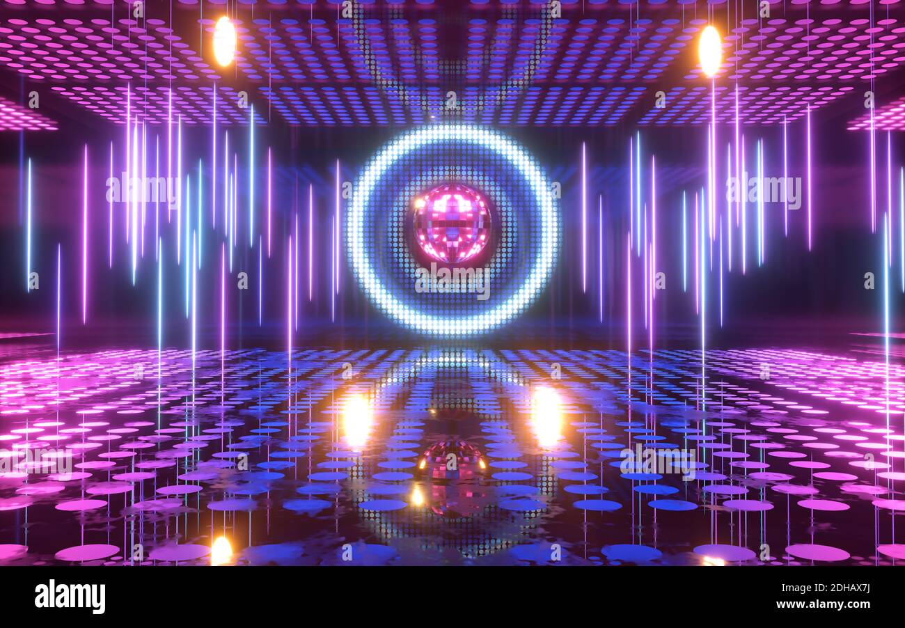 Shiny disco ball with neon light background, 3d rendering. Computer ...