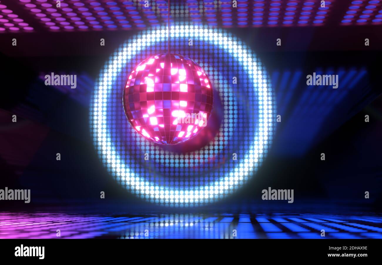 Shiny disco ball with neon light background, 3d rendering. Computer ...