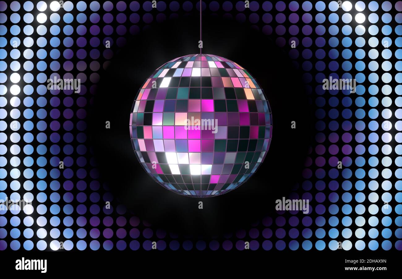 Shiny disco ball with neon light background, 3d rendering. Computer ...