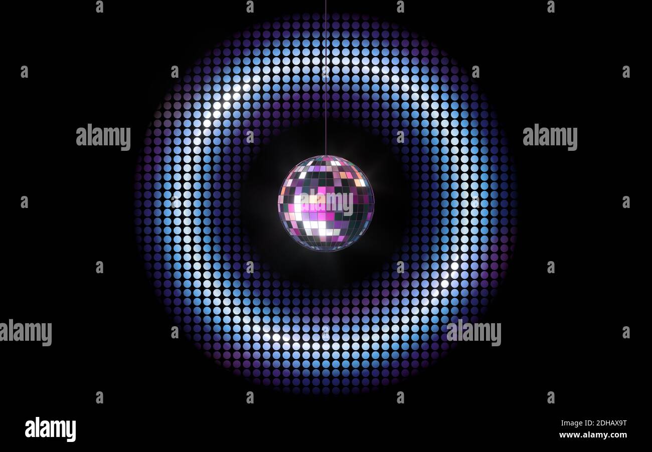 Shiny disco ball with neon light background, 3d rendering. Computer ...
