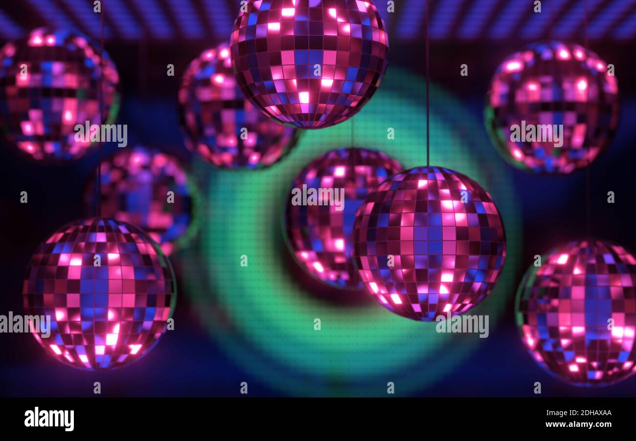 Shiny disco ball with neon light background, 3d rendering. Computer ...