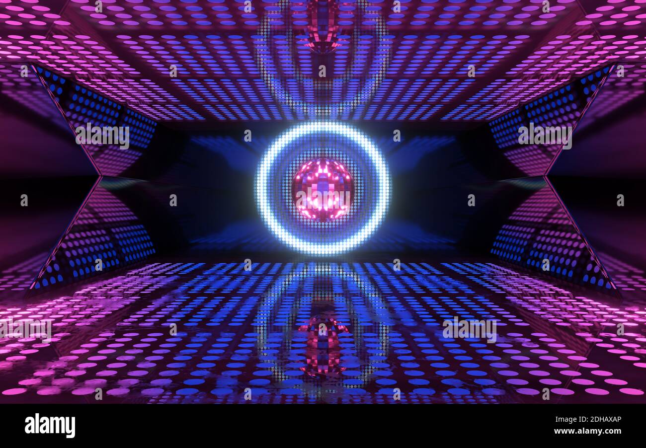 Shiny disco ball with neon light background, 3d rendering. Computer ...