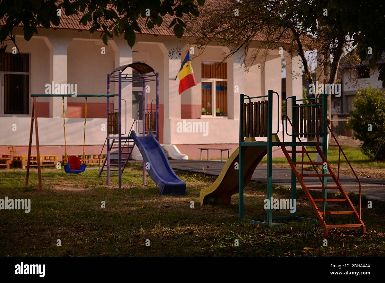 A playground for children on a yard of a primary school in a village ...