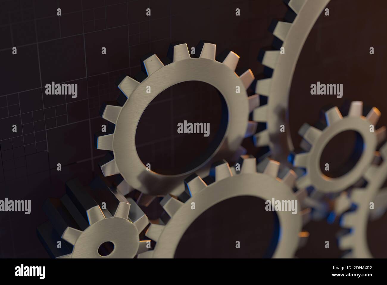 Meshing mechanical gears, metallic parts, 3d rendering. Computer ...