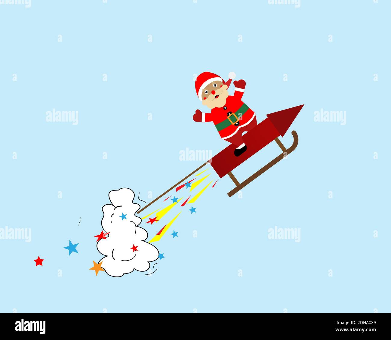 Santa claus is flying on fireworks. Blue isolated background Stock ...