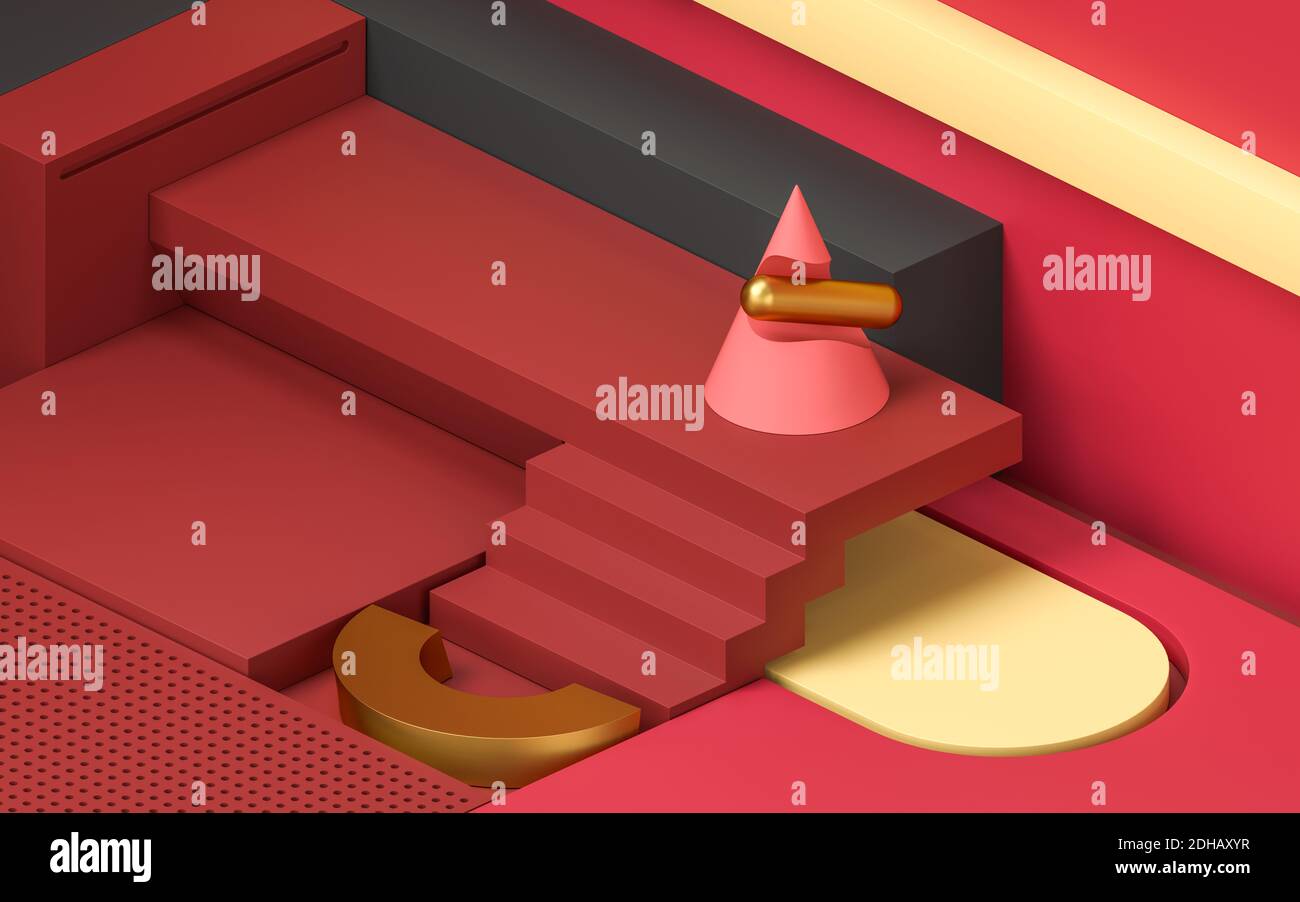 Room filled with creative geometrical shapes, 3d rendering. Computer ...