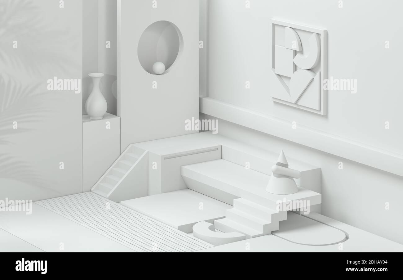 Room filled with creative geometrical shapes, 3d rendering. Computer ...
