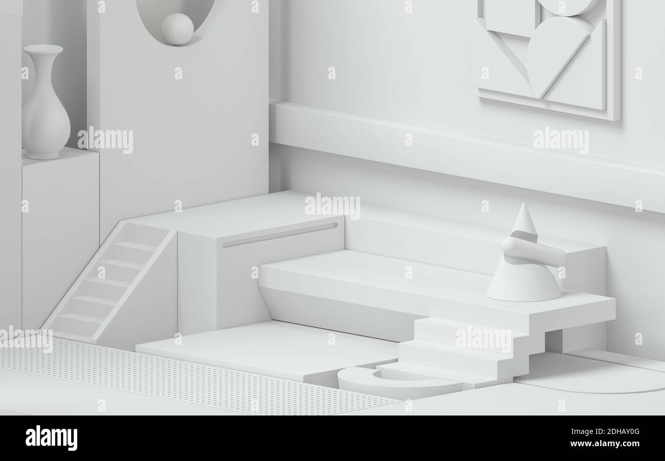 Room filled with creative geometrical shapes, 3d rendering. Computer ...