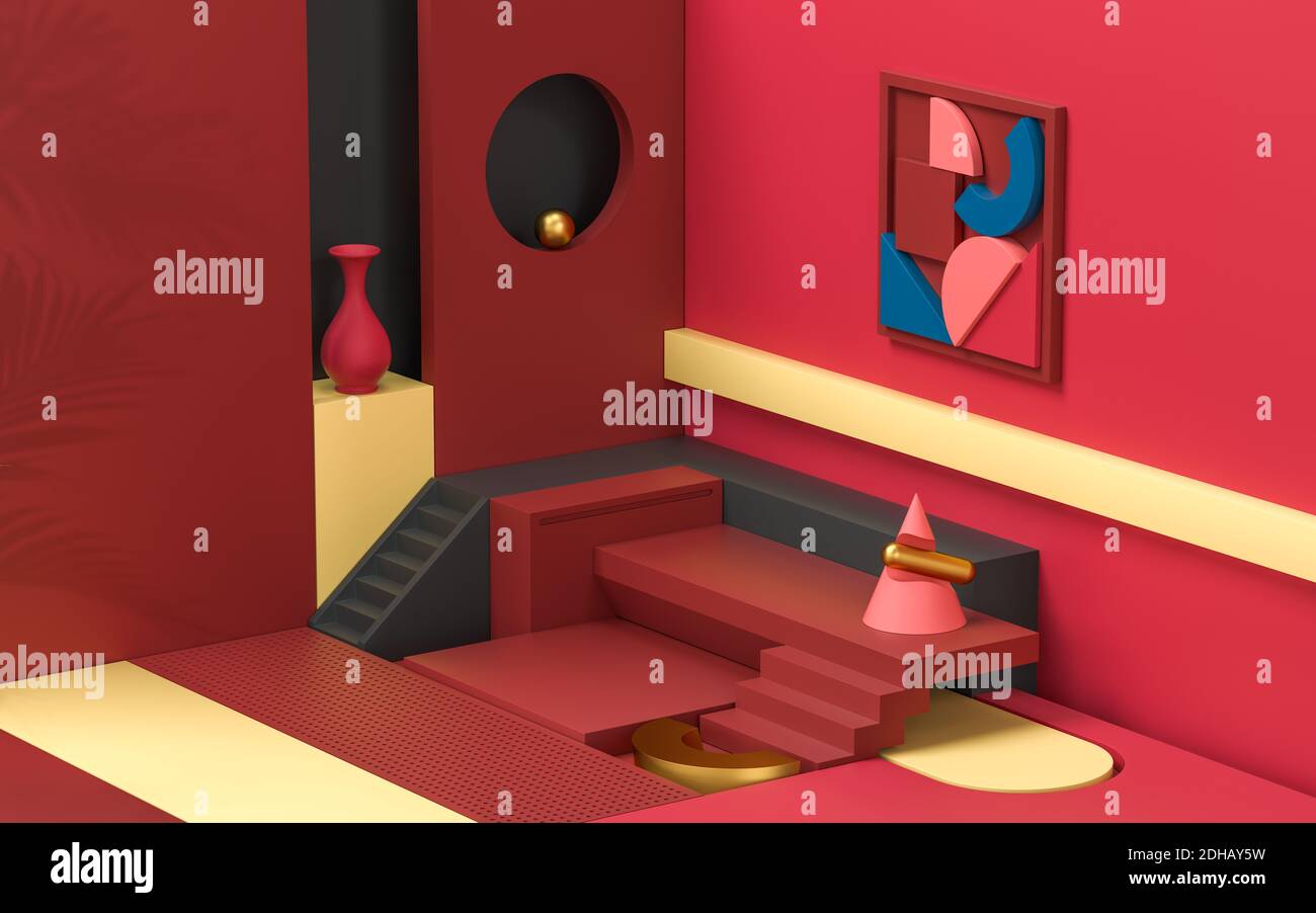 Room filled with creative geometrical shapes, 3d rendering. Computer ...