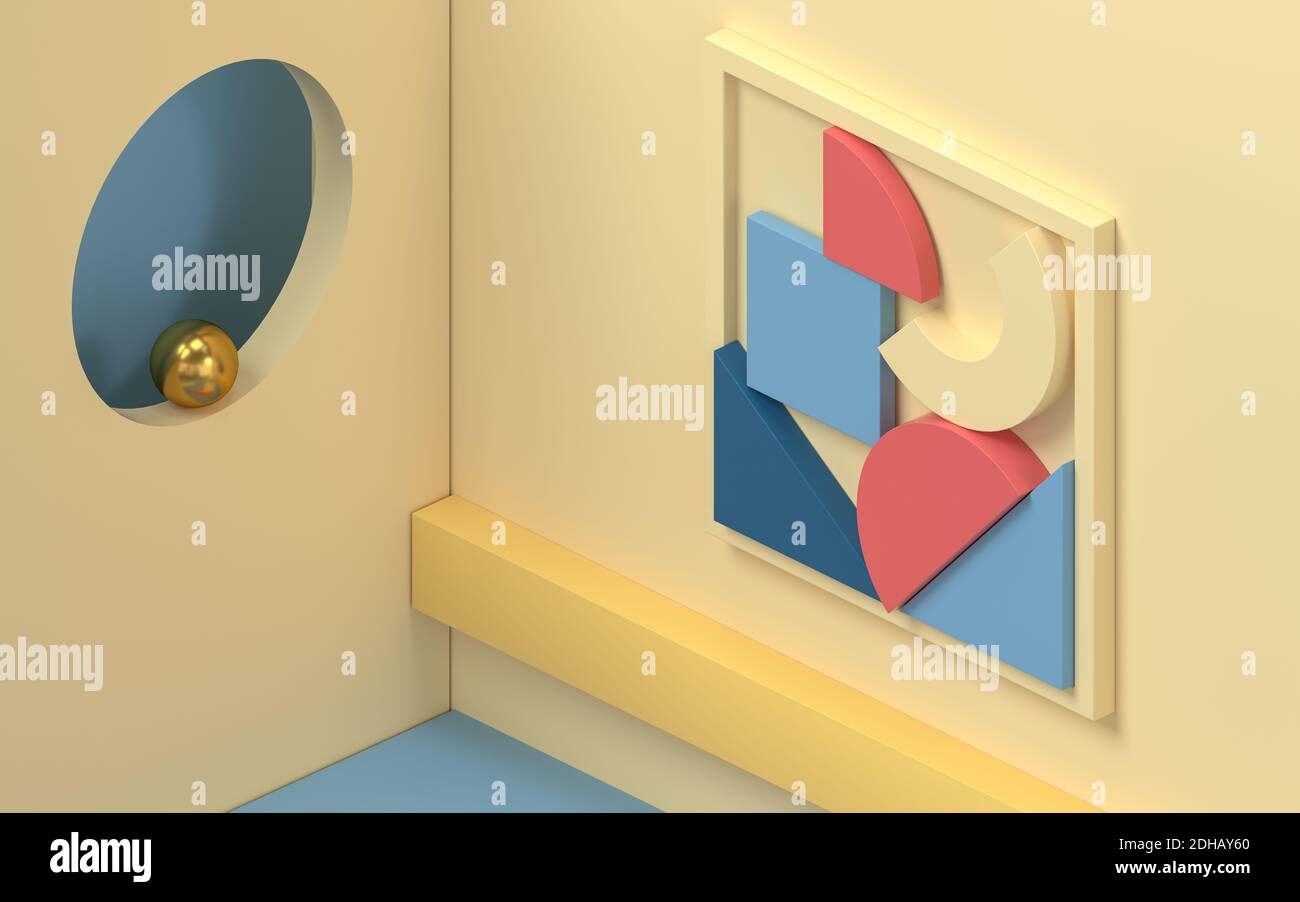 Room filled with creative geometrical shapes, 3d rendering. Computer ...