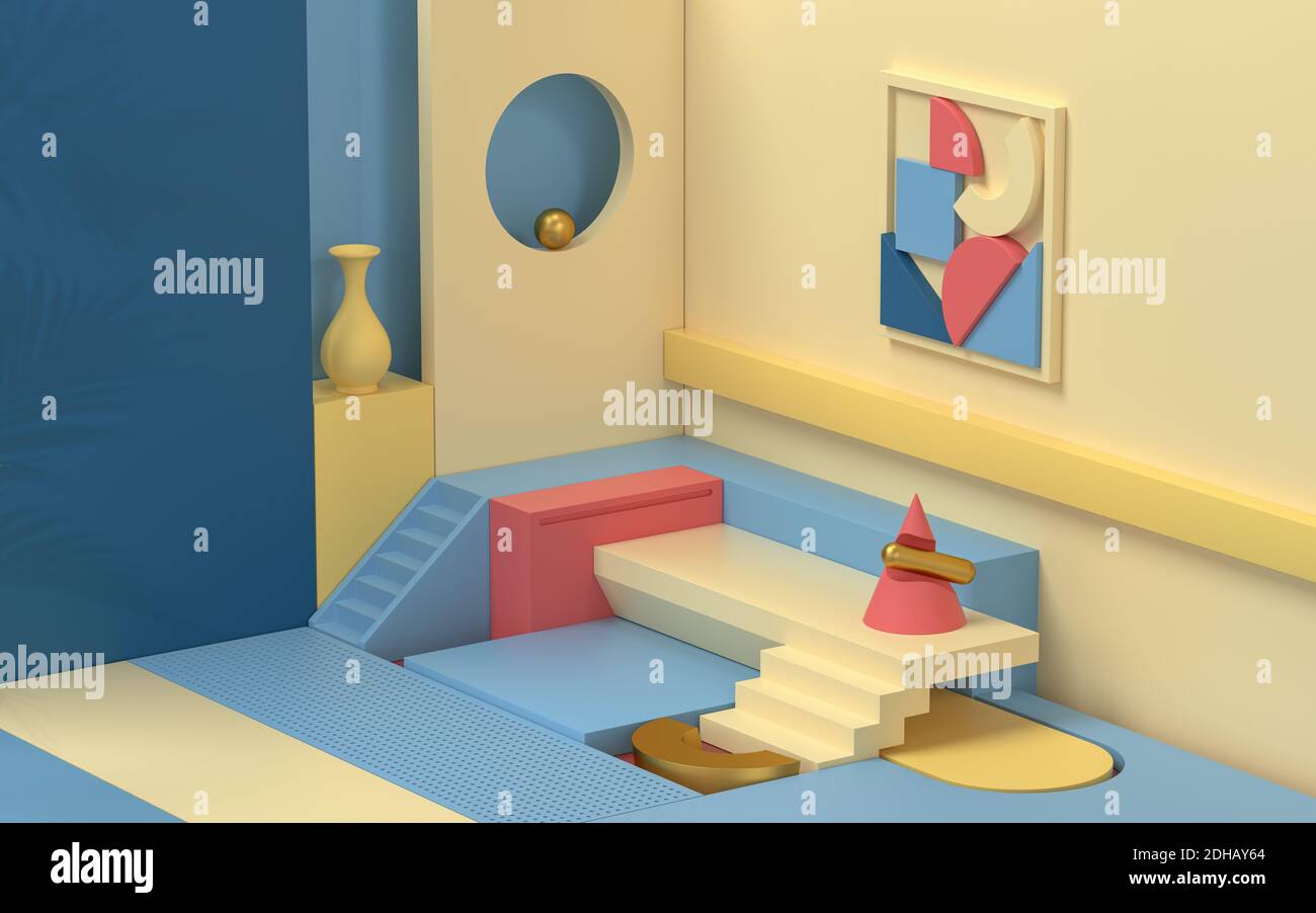 Room filled with creative geometrical shapes, 3d rendering. Computer ...