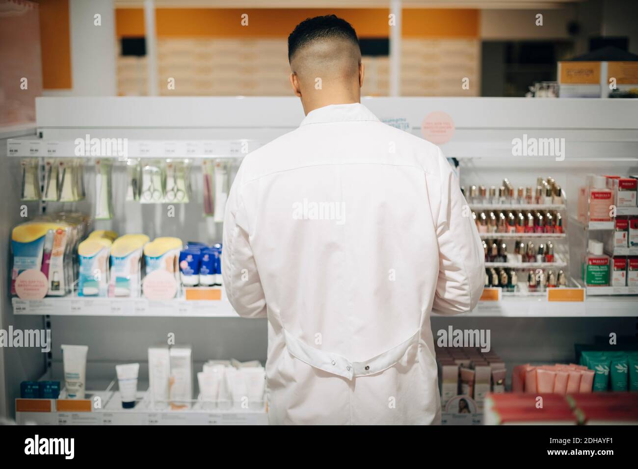 Rear view of male owner arranging medicines on rack at pharmacy store ...