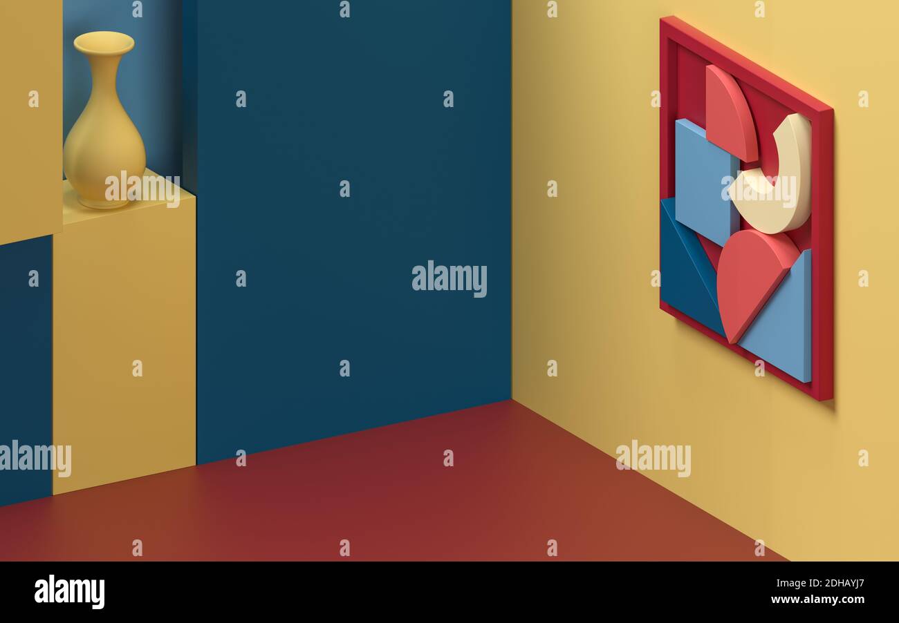 Room with creative geometrical shapes on the wall, 3d rendering ...