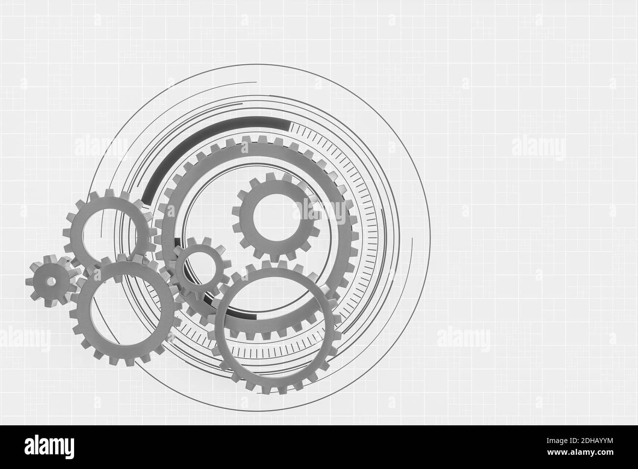 Mechanical gears and blueprint lines, 3d rendering. Computer digital ...