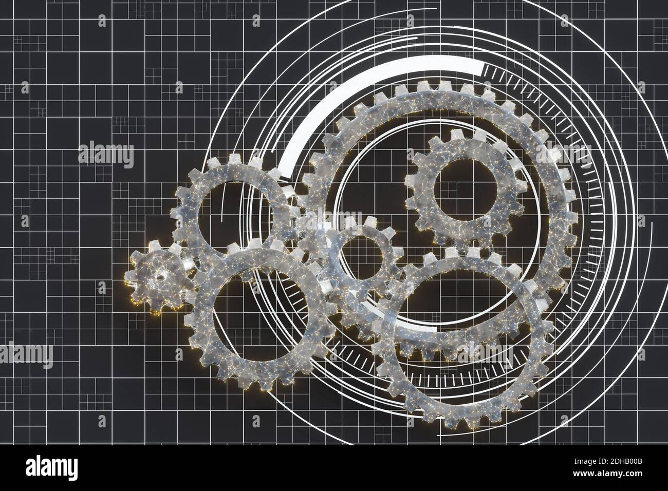 Mechanical gears and blueprint lines, 3d rendering. Computer digital ...