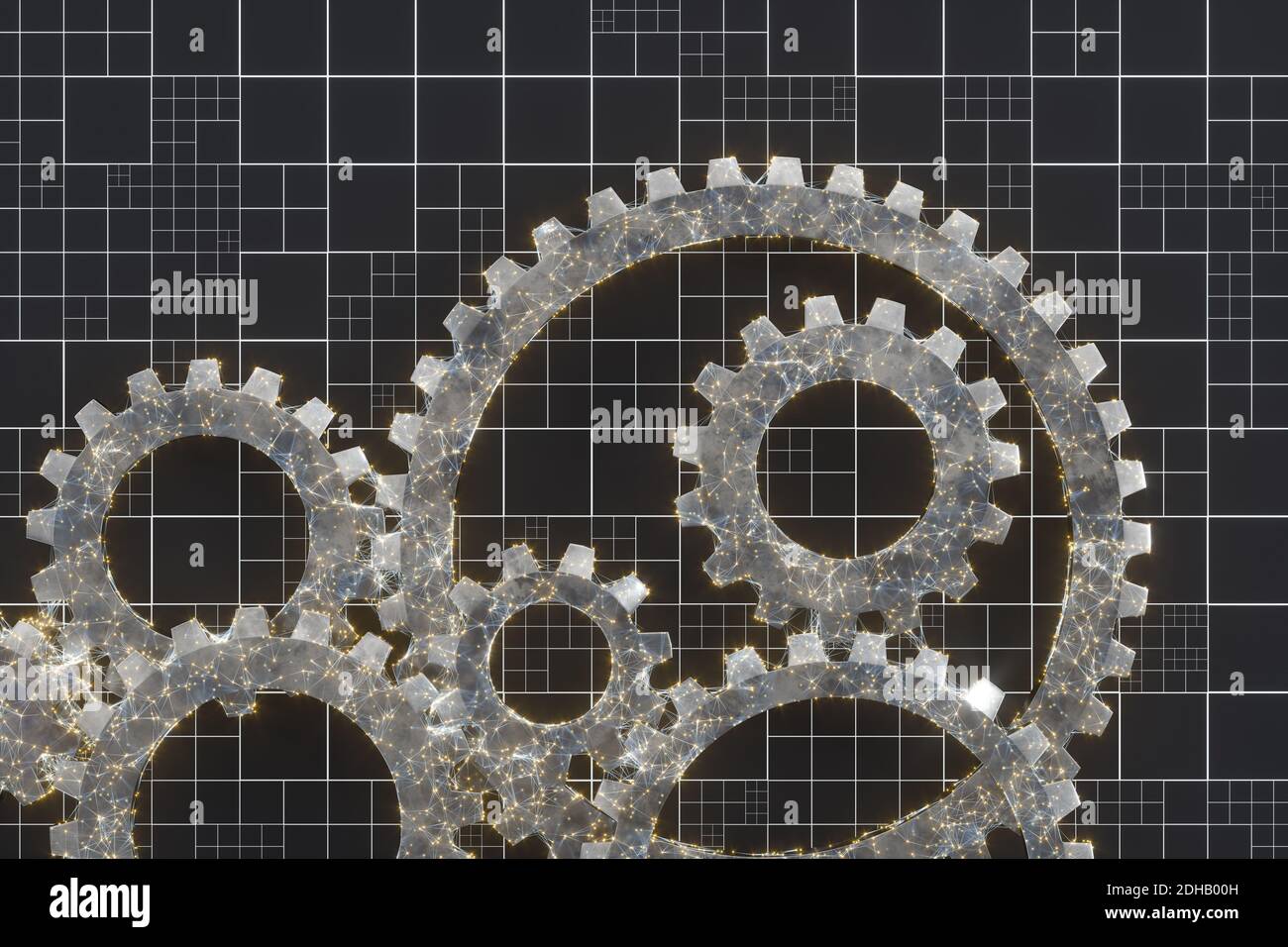 Mechanical gears and blueprint lines, 3d rendering. Computer digital ...