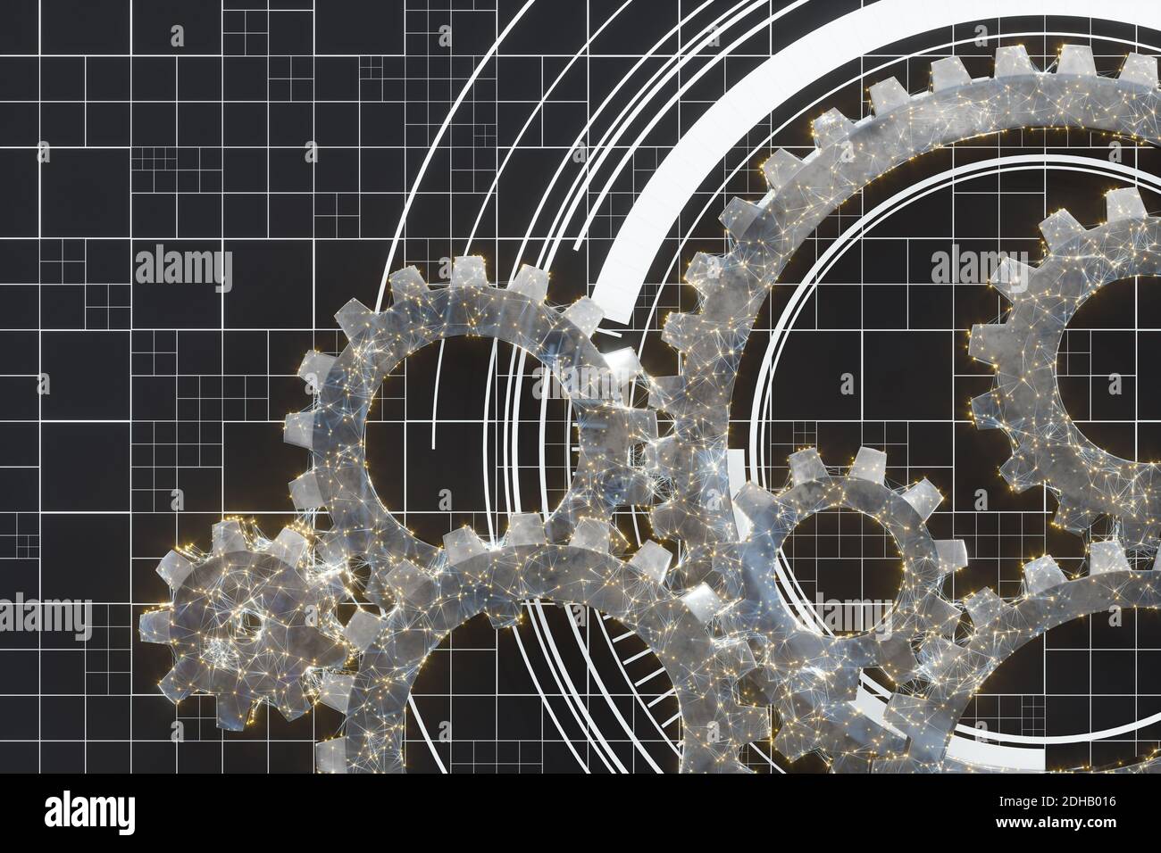 Mechanical gears and blueprint lines, 3d rendering. Computer digital ...