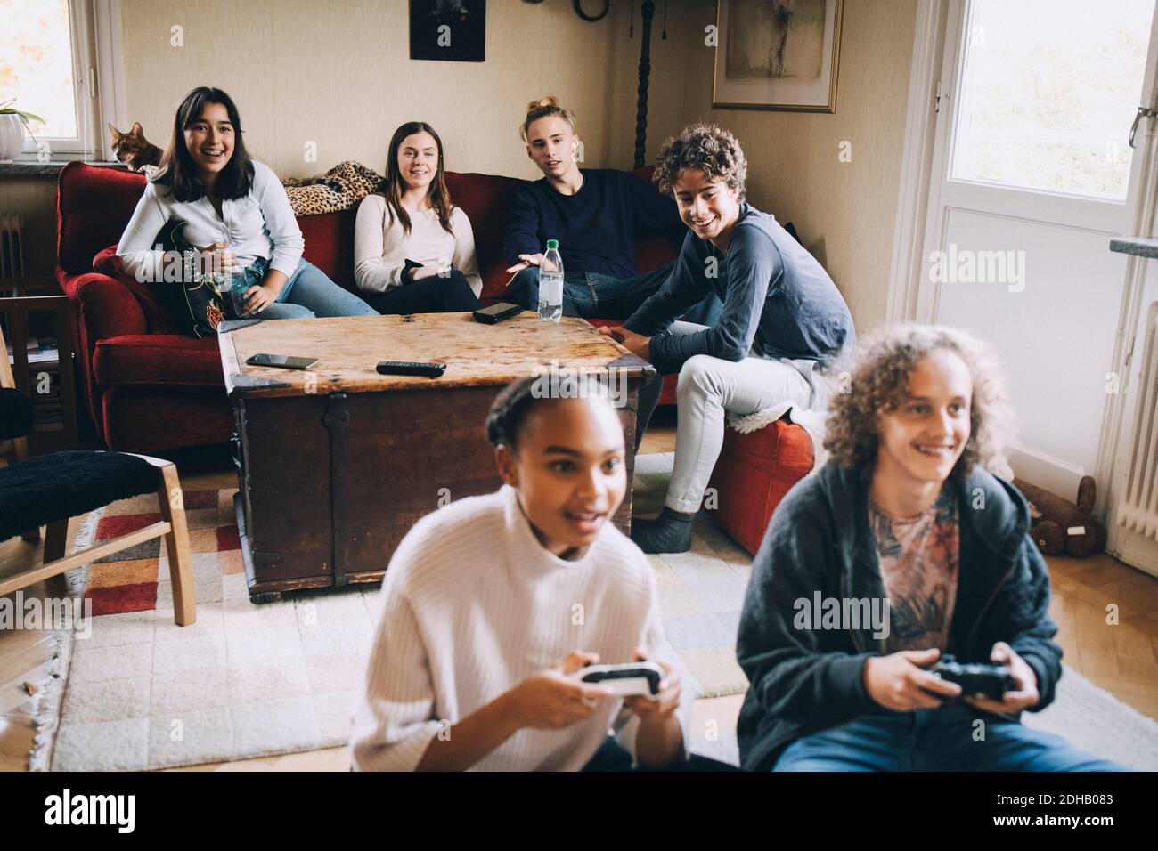 Smiling male and female playing video games while friends sitting in ...