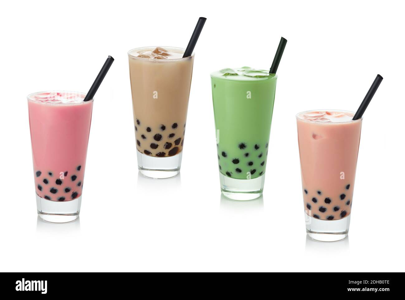 glasses of various multicolored iced bubble tea isolated on white ...