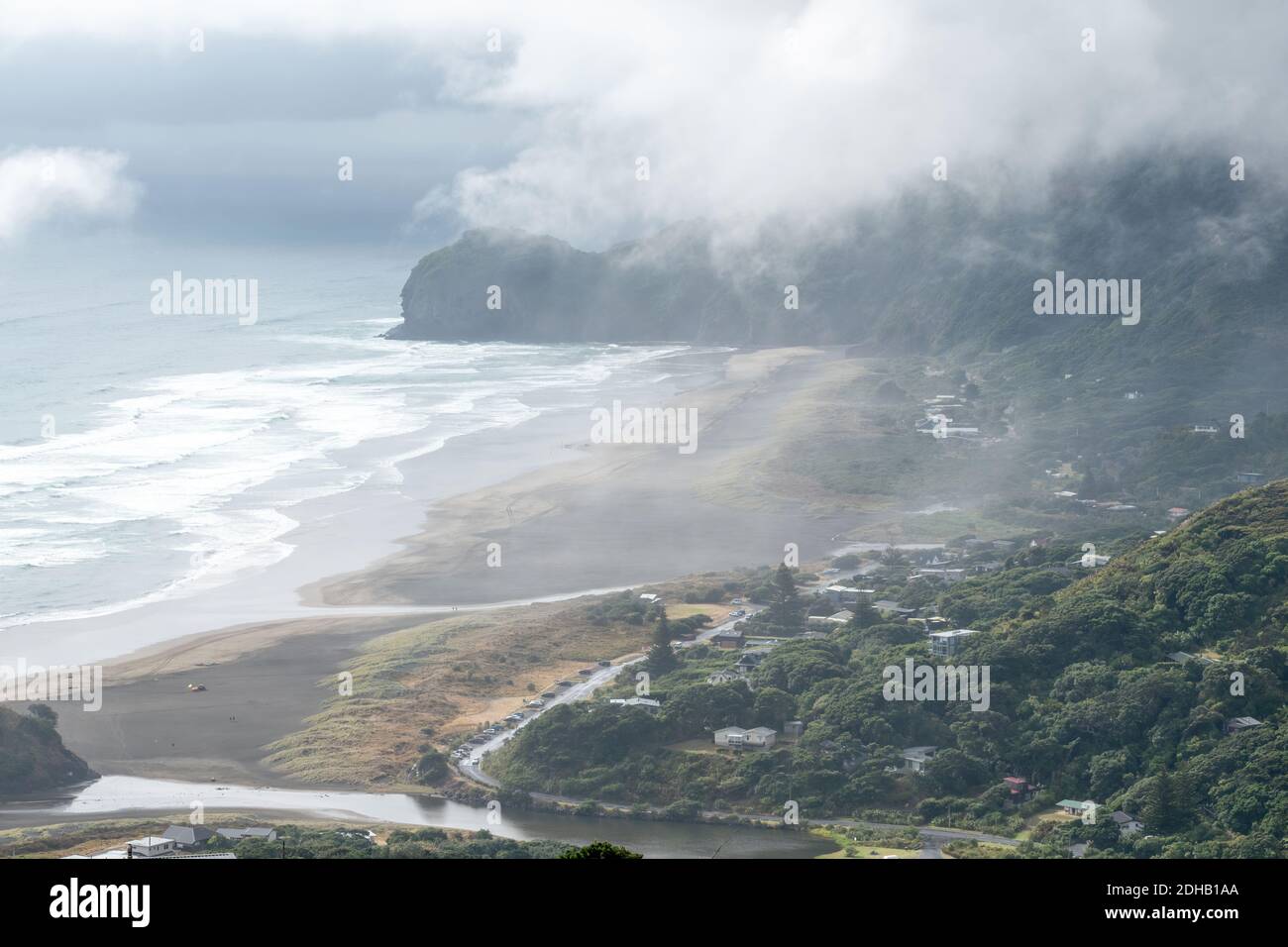Aerial view of Te Waha Point and Kohunui Bay at North Piha beach ...