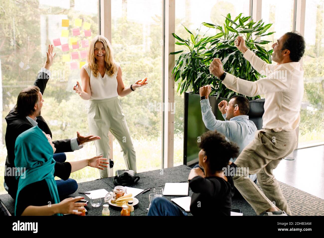 Multi-ethnic male and female business professionals cheering during ...