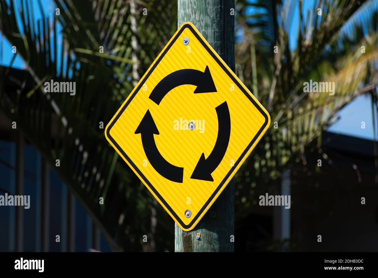 View of roundabout ahead warning road sign in New Zealand Stock Photo ...