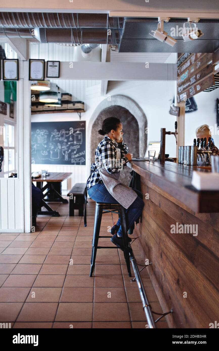 Side view of female bartender using laptop while sitting at bar counter ...