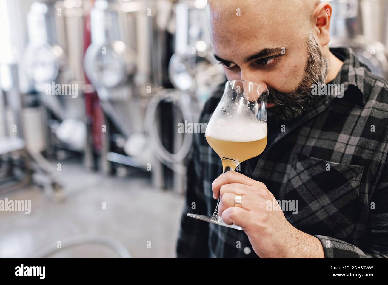 Close-up of male worker examining craft beer while standing at factory ...