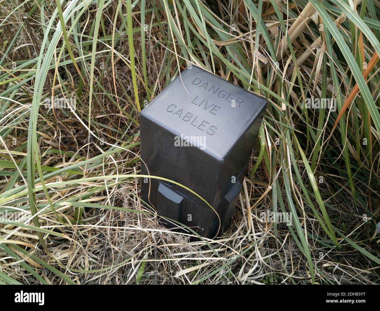 View of black plastic electrical pillar box with danger live cables ...