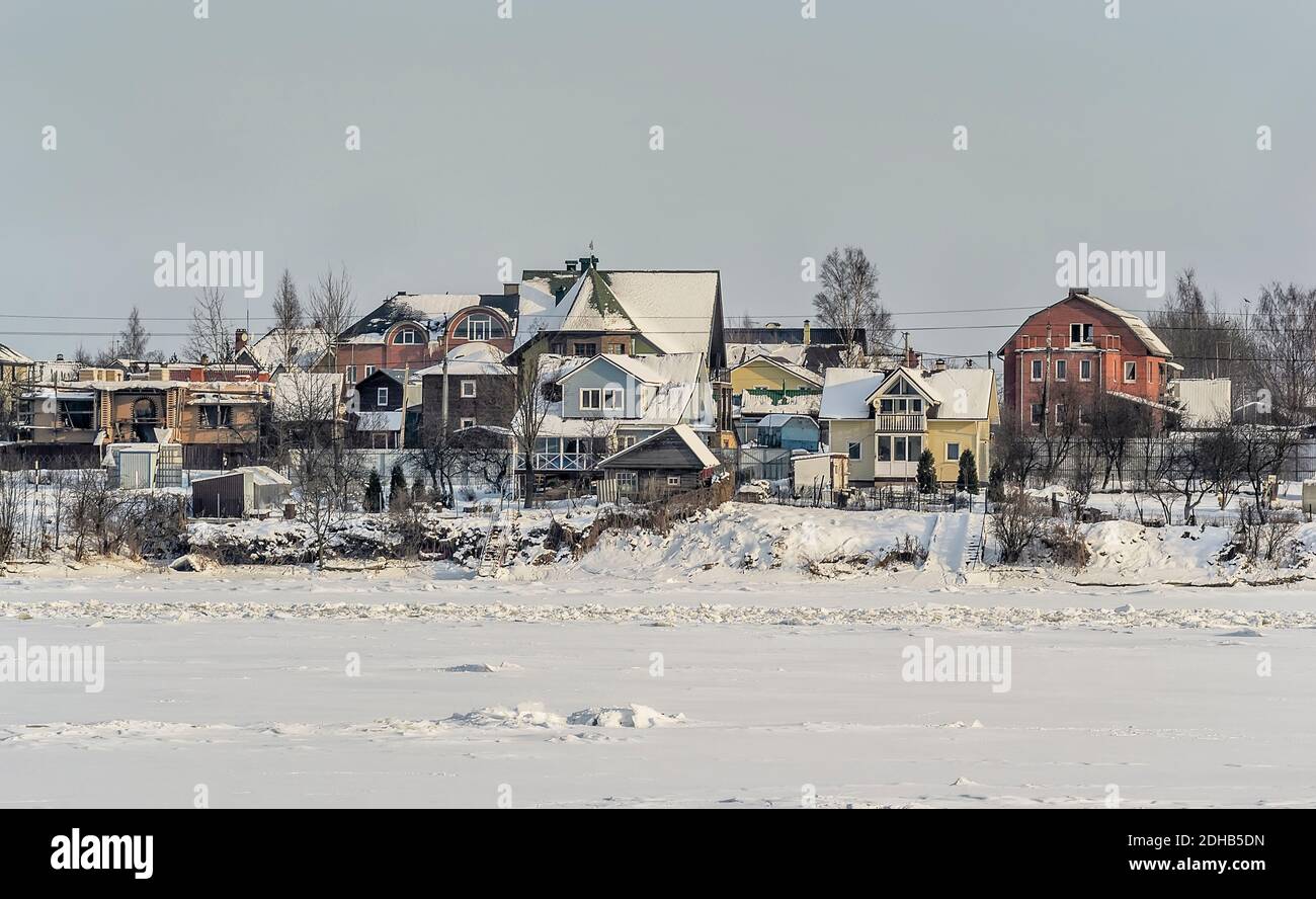 Residential building on the right bank of the Neva River near the cable ...