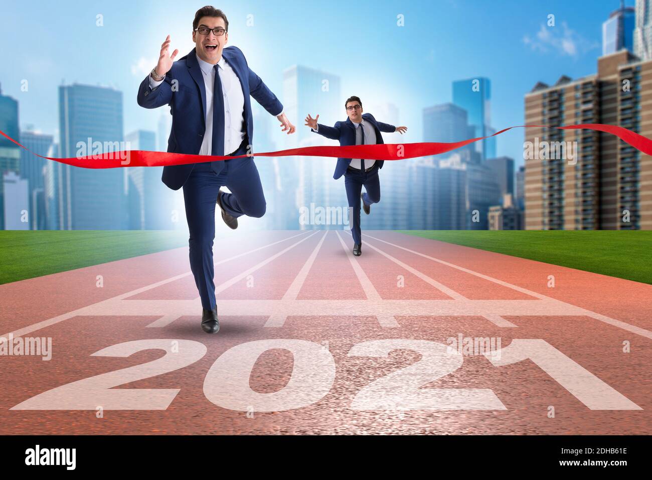 Businessman crossing finish line success achievement hi-res stock ...