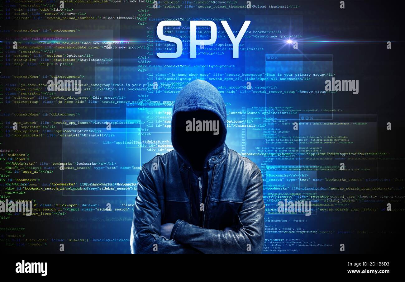 Faceless hacker with SPY inscription on a binary code background Stock ...