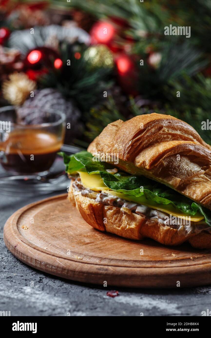 New Year's breakfast with croissants. New Year's croissant with ham ...