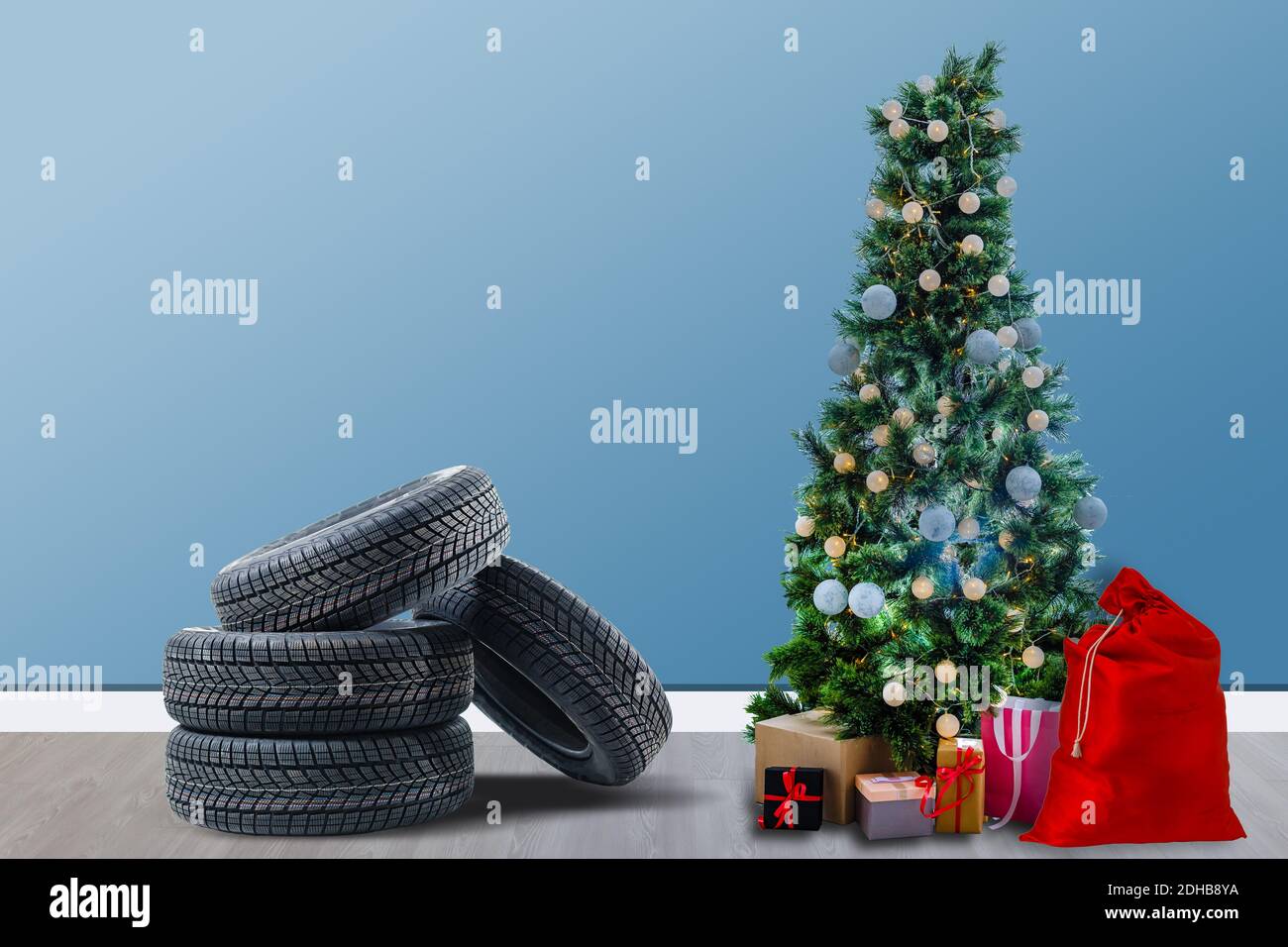 wheel rubber gift for Christmas on the wood textured backgrounds in a ...