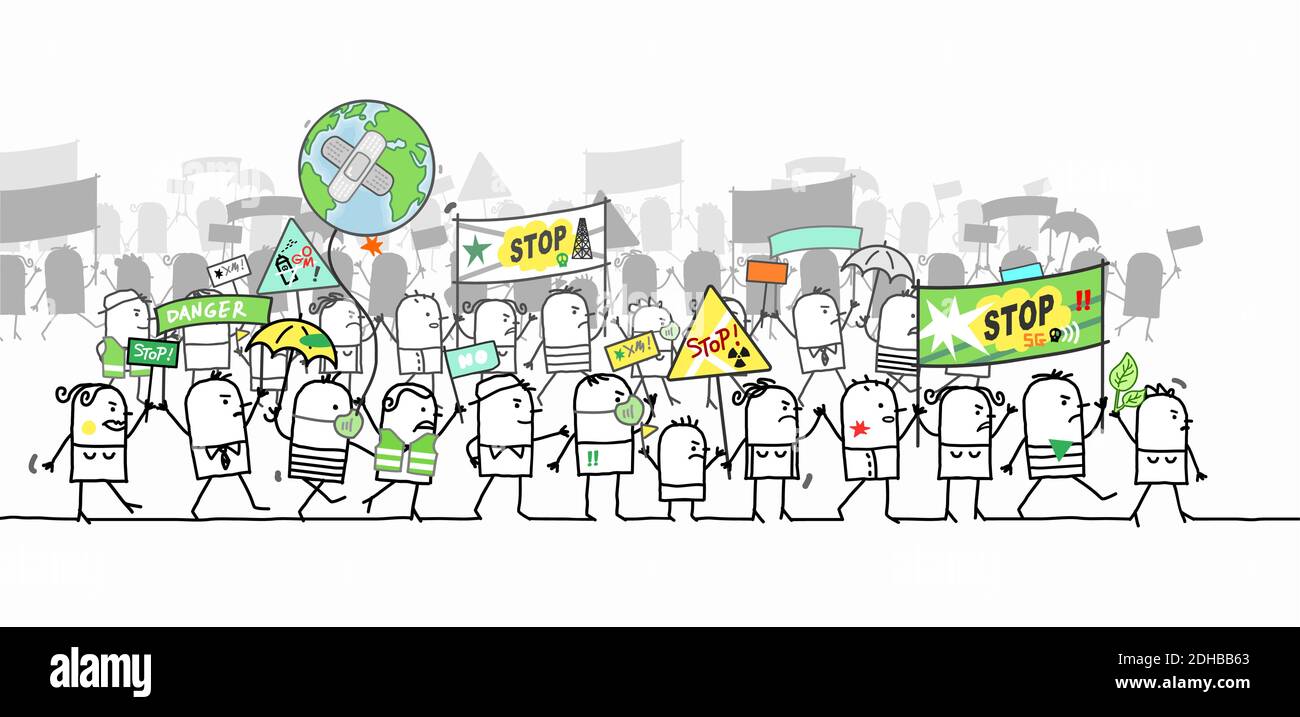 Hand drawn Cartoon Protesting and Walking group of People - Ecological ...