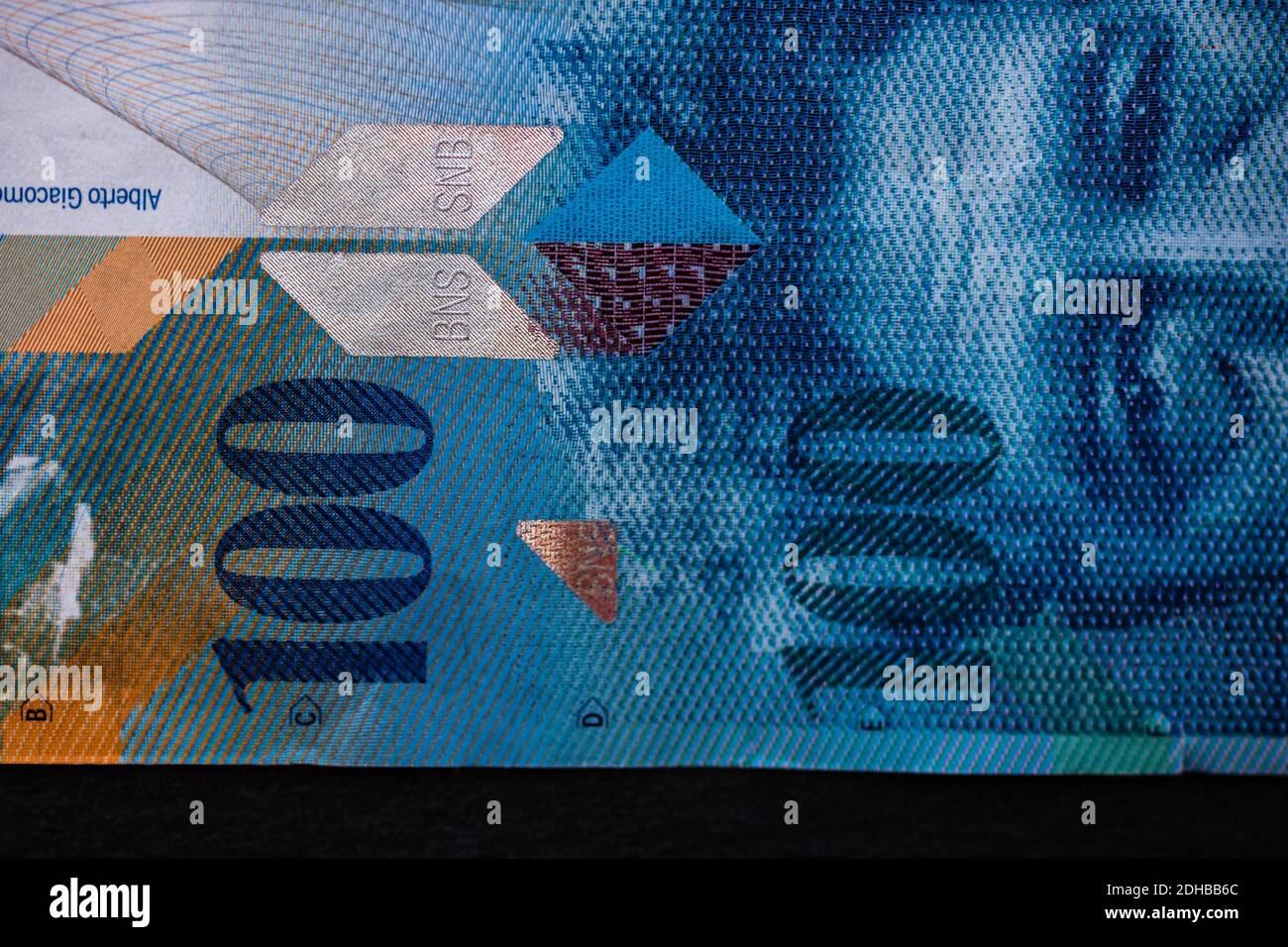 Selective focus on detail of 100 swiss franc banknote. Close up macro ...